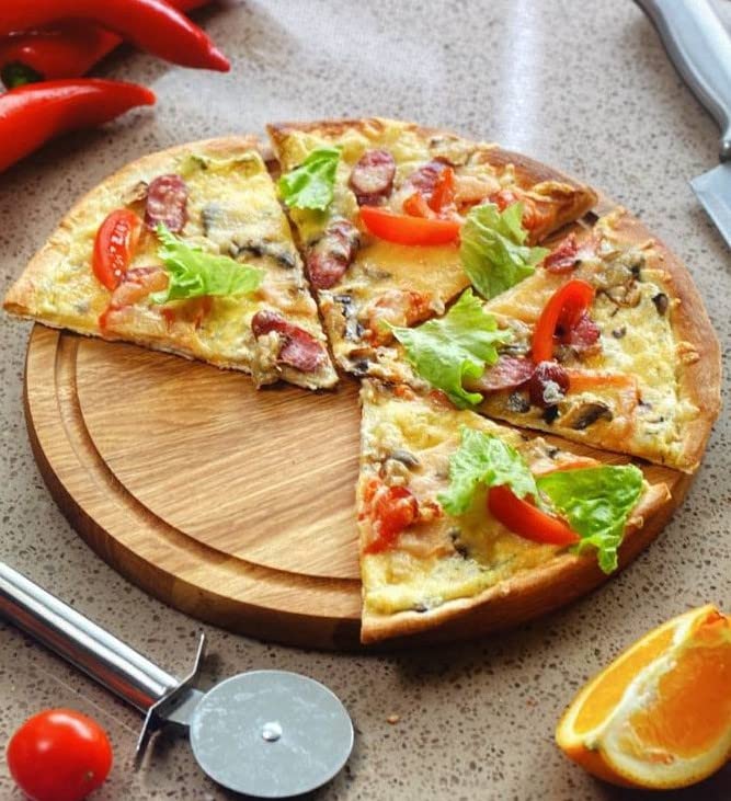 14” Light Solid Wood Round Pizza Cutting Board - Chopping Wood Pad Beechwood Cutting Board - Round Wooden Board Charcuterie - Mini Small Breadboard for Kitchen