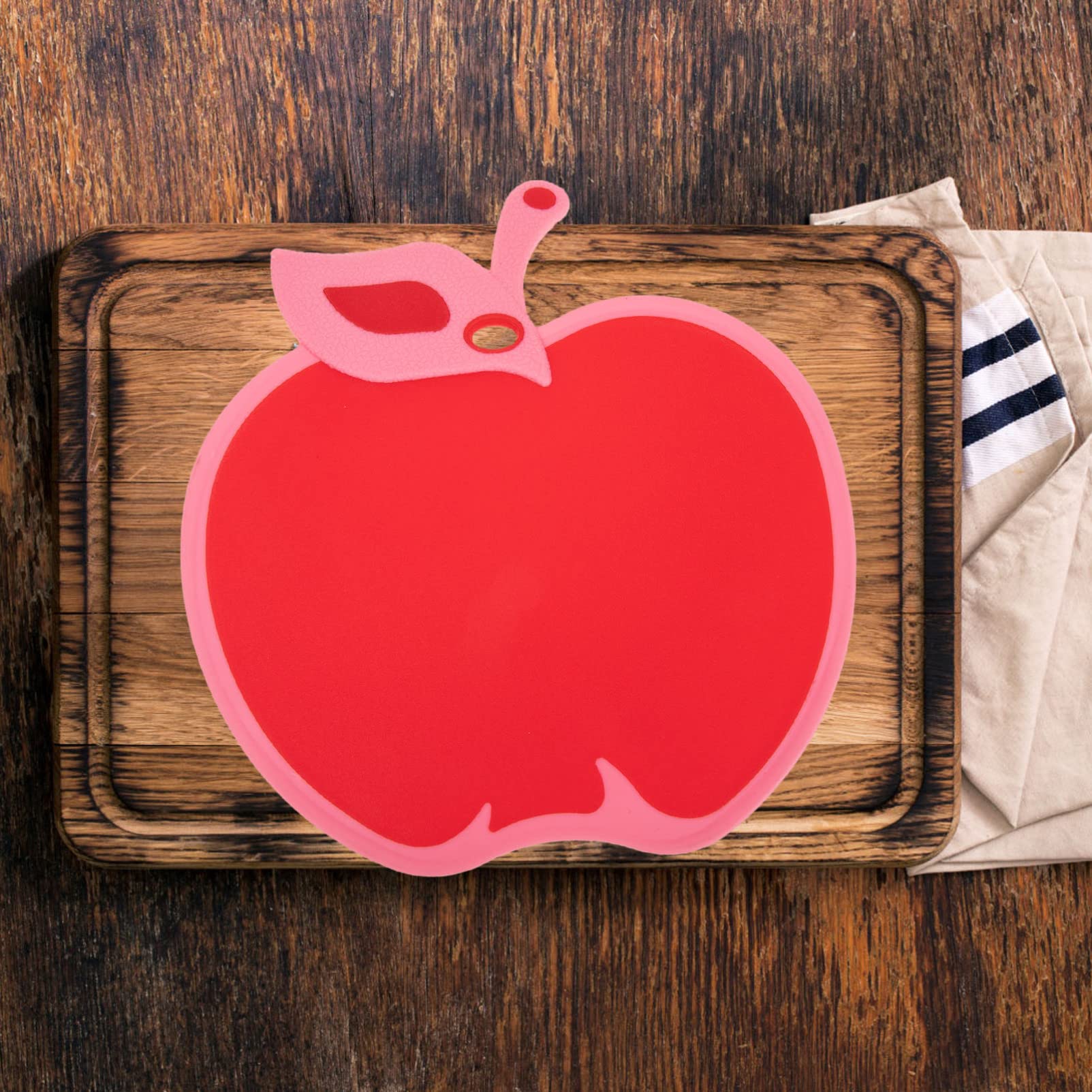 SHERCHPRY Red Apple Serving Board, Fruit- shaped Cutting Board with Easy Grip Handle, Plastic Kitchen Chopping Board