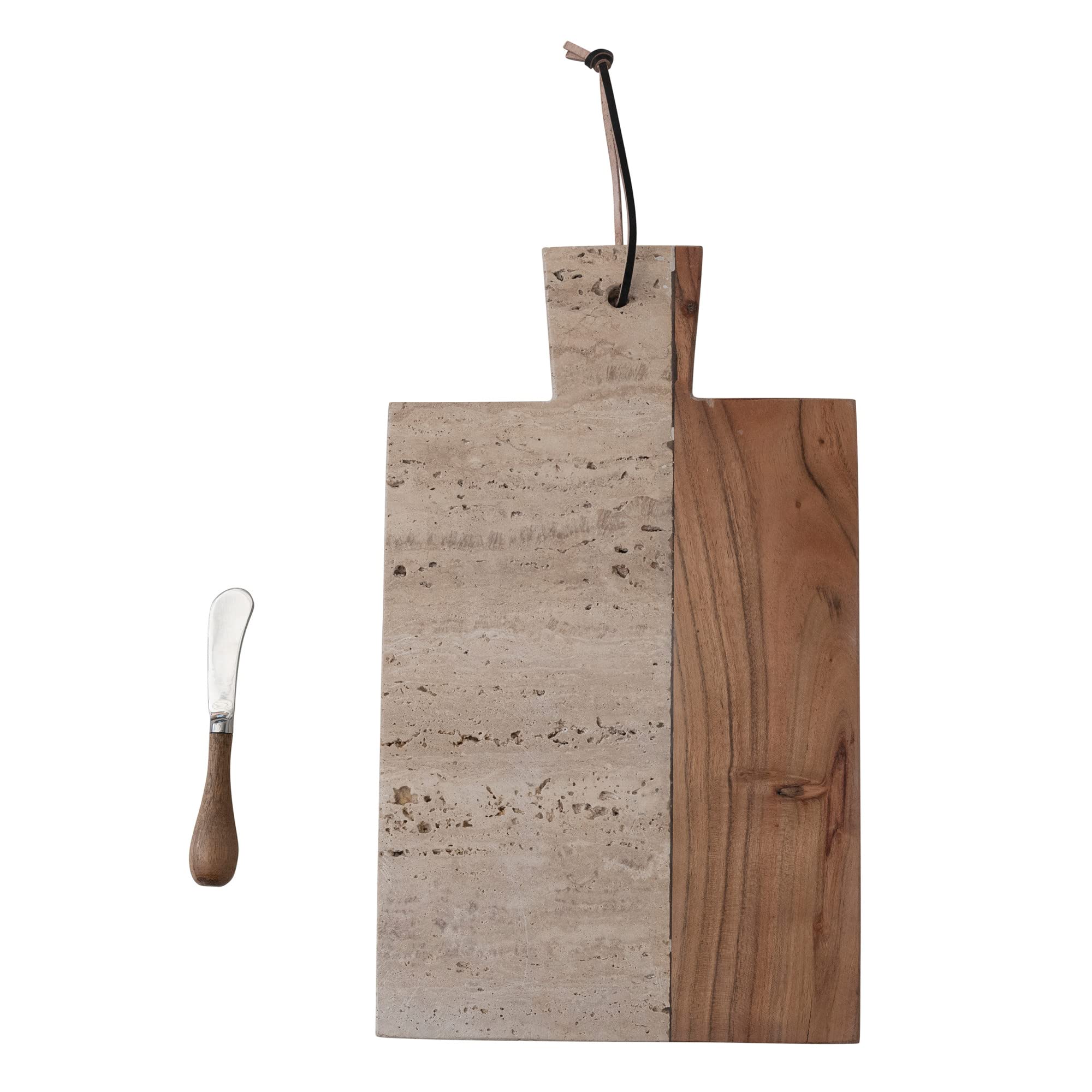 Creative Co-Op Stone and Acacia Wood Charcuterie Leather Tie and Canapé Knife, Natural Cheese/Cutting Board