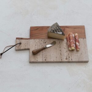 Creative Co-Op Stone and Acacia Wood Charcuterie Leather Tie and Canapé Knife, Natural Cheese/Cutting Board