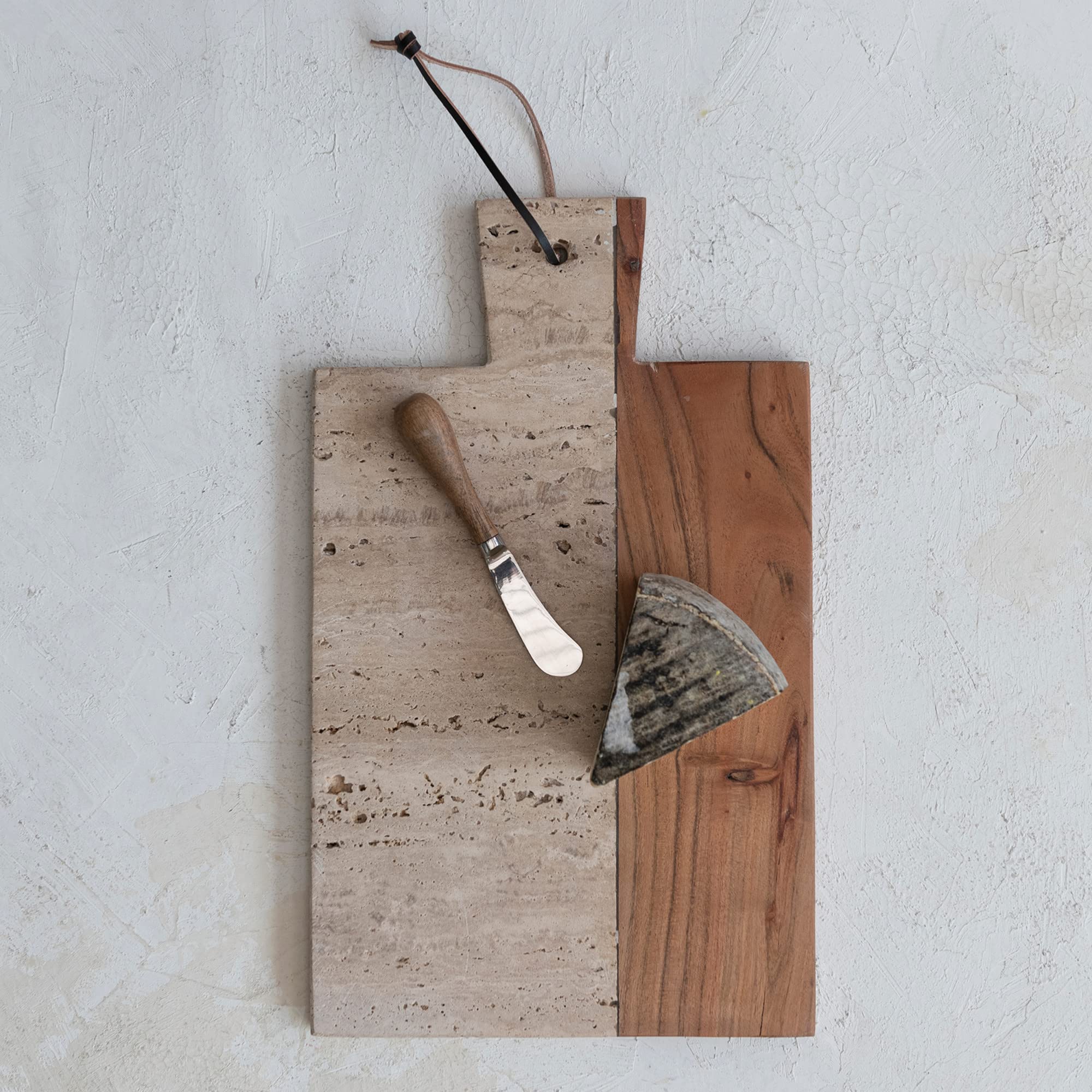 Creative Co-Op Stone and Acacia Wood Charcuterie Leather Tie and Canapé Knife, Natural Cheese/Cutting Board