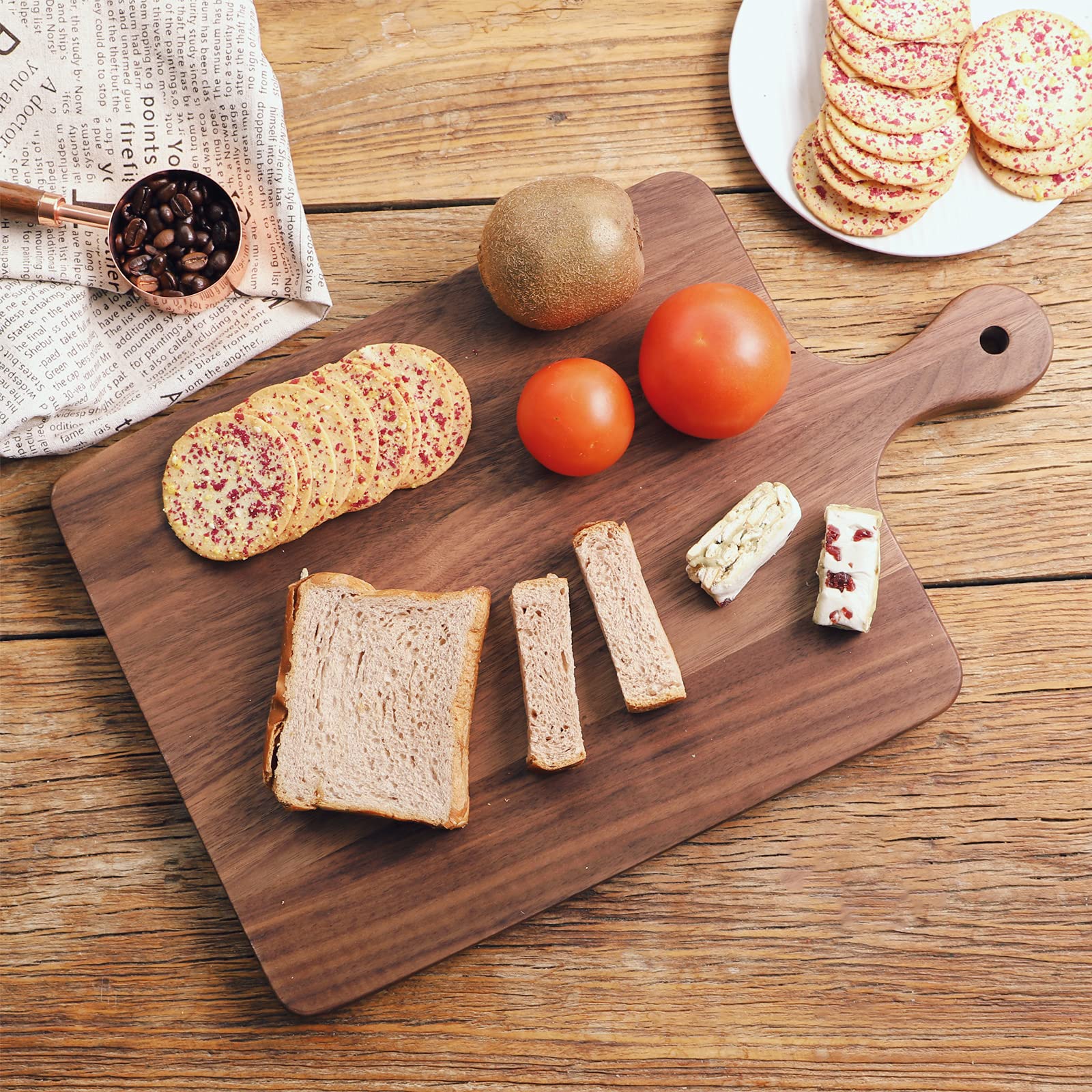 Muso Wood Walnut Cutting Board for Kitchen, Wooden Chopping Board with Handle to Hang, Square Bread Pizza Cheese Board, Charcuterie Board Used for Serving Platter 15.7x9.8 inch