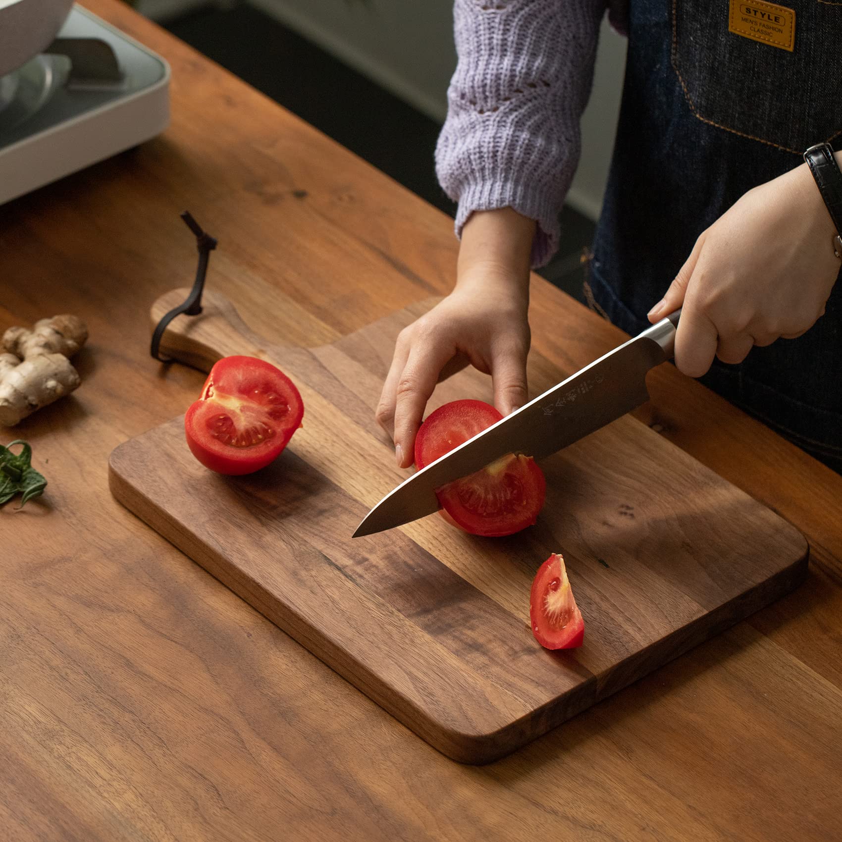 Muso Wood Walnut Cutting Board for Kitchen, Wooden Chopping Board with Handle to Hang, Square Bread Pizza Cheese Board, Charcuterie Board Used for Serving Platter 15.7x9.8 inch