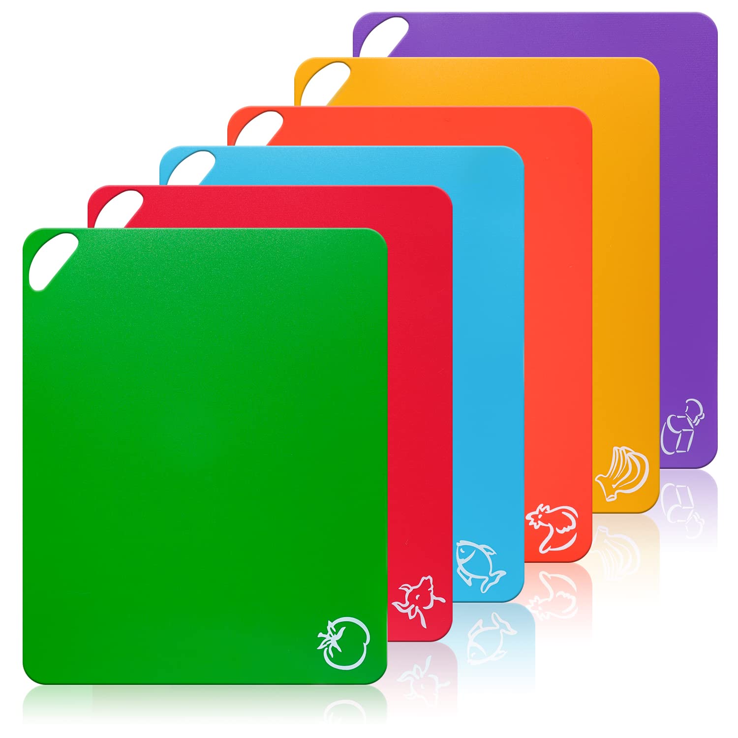 Plastic Cutting Board Mats Set,Flexible Kitchen Chopping Board,Colored Cutting Mats With Food Icons & Easy-Grip Handles & Anti-skid Back,BPA-Free,Non-Slip,Dishwasher Safe,Set of 6