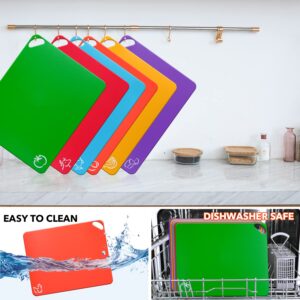 Plastic Cutting Board Mats Set,Flexible Kitchen Chopping Board,Colored Cutting Mats With Food Icons & Easy-Grip Handles & Anti-skid Back,BPA-Free,Non-Slip,Dishwasher Safe,Set of 6