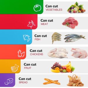 Plastic Cutting Board Mats Set,Flexible Kitchen Chopping Board,Colored Cutting Mats With Food Icons & Easy-Grip Handles & Anti-skid Back,BPA-Free,Non-Slip,Dishwasher Safe,Set of 6