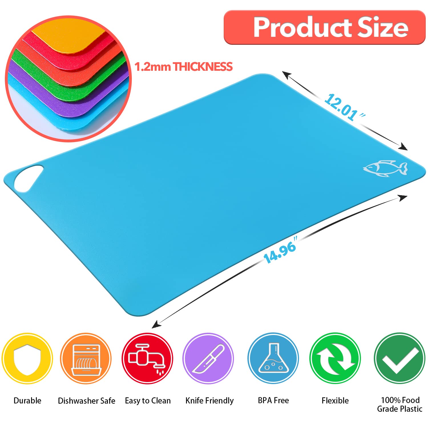 Plastic Cutting Board Mats Set,Flexible Kitchen Chopping Board,Colored Cutting Mats With Food Icons & Easy-Grip Handles & Anti-skid Back,BPA-Free,Non-Slip,Dishwasher Safe,Set of 6