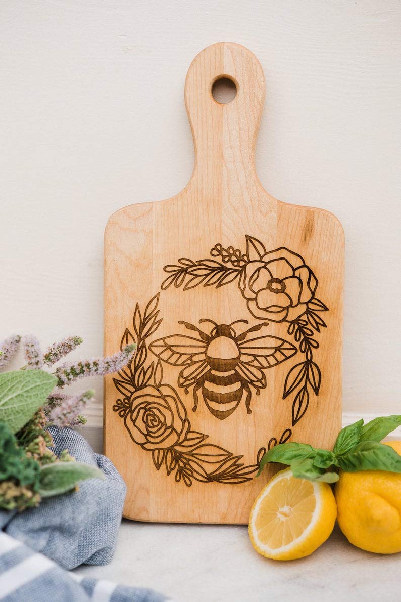 Cute Floral Honey Bee Cutting Board Gift For Bee Keeper, Flower Honey Bee Serving Board Kitchen Decor Gift For Her