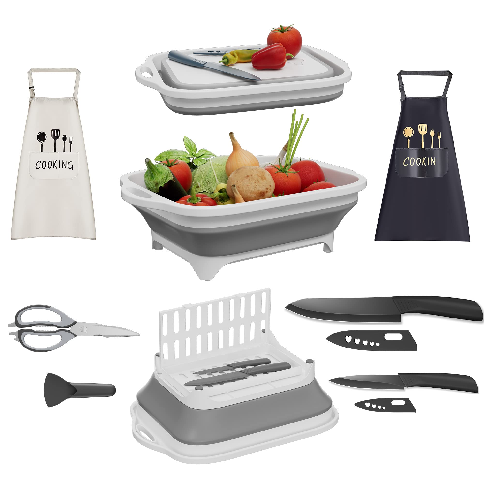 Camping Accessories Kit, Collapsible Cutting Board,Chef Fruit Knife Set,Shears with Magnet Holder,2 Pack Aprons Black and White with 2 Pockets,Kitchen Utensil Gadgets,Wash Basin Sink,Colander Strainer