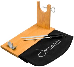 professional ham stand with ham knife + sharpening steel + ham cover - ham holder ideal for serrano ham, iberico ham and italian prosciutto - jamonprive