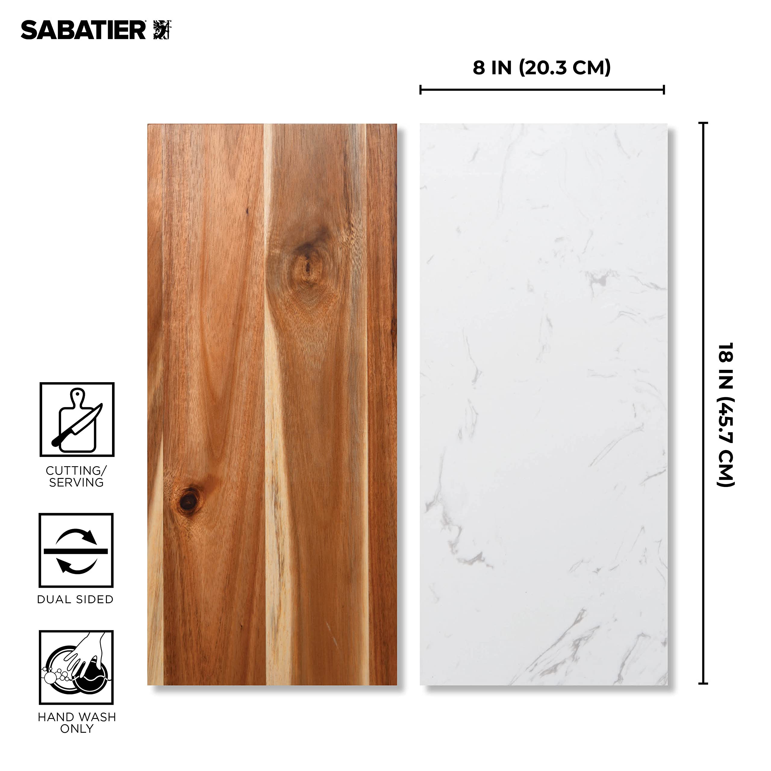 Sabatier Prep and Serve Cutting Board, Reversible Charcuterie Serving Platter for Cheese, Meat and Appetizers- Perfect Dinner Party Board, 8-inch x 18-inch, Acacia and White Stone