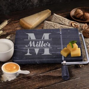 Custom Personalized Black Marble Cheese Board Server with Wire Cutter - 5" x 8"