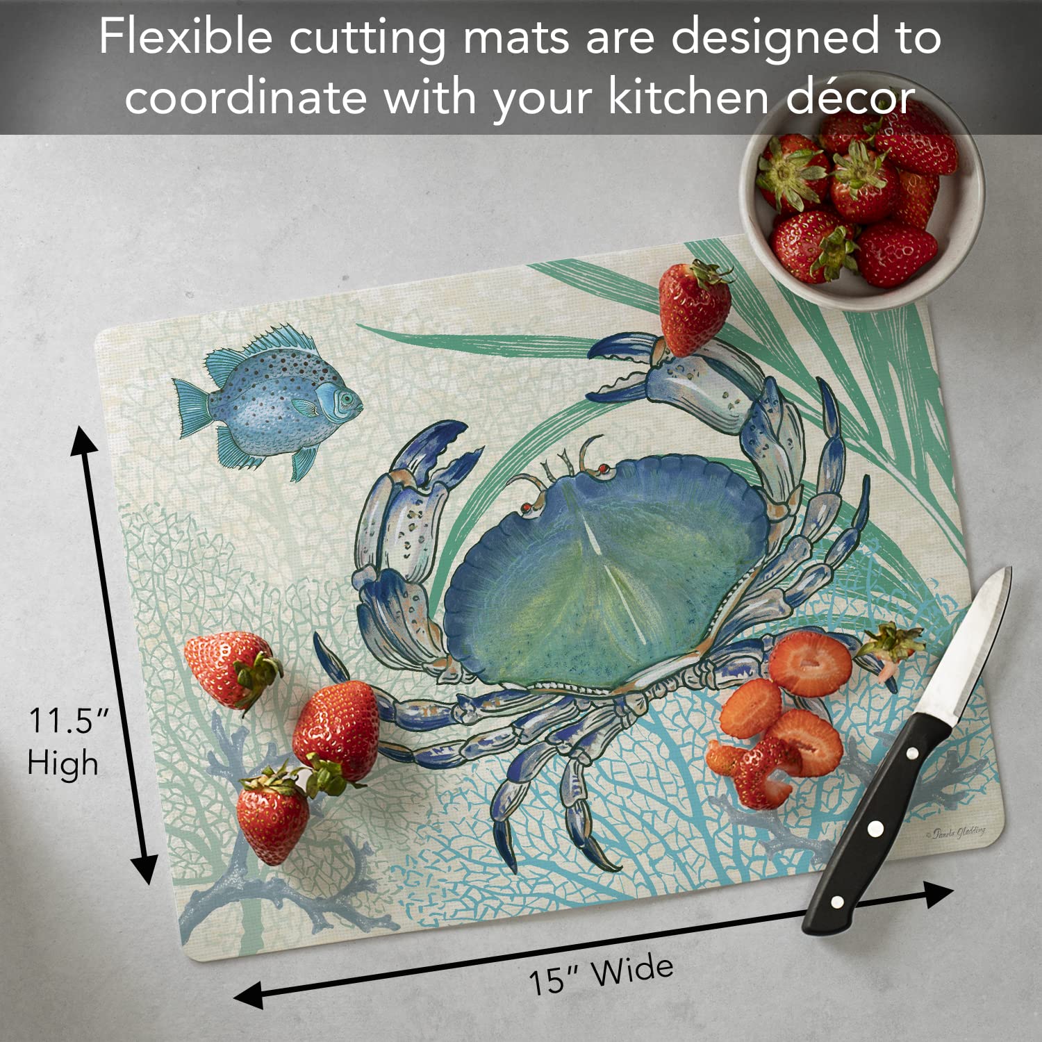 Cut N' Funnel Oceana Designer Flexible Plastic Cutting Board Mat, 15" x 11.5", Made in the USA, Decorative, Flexible, Easy to Clean