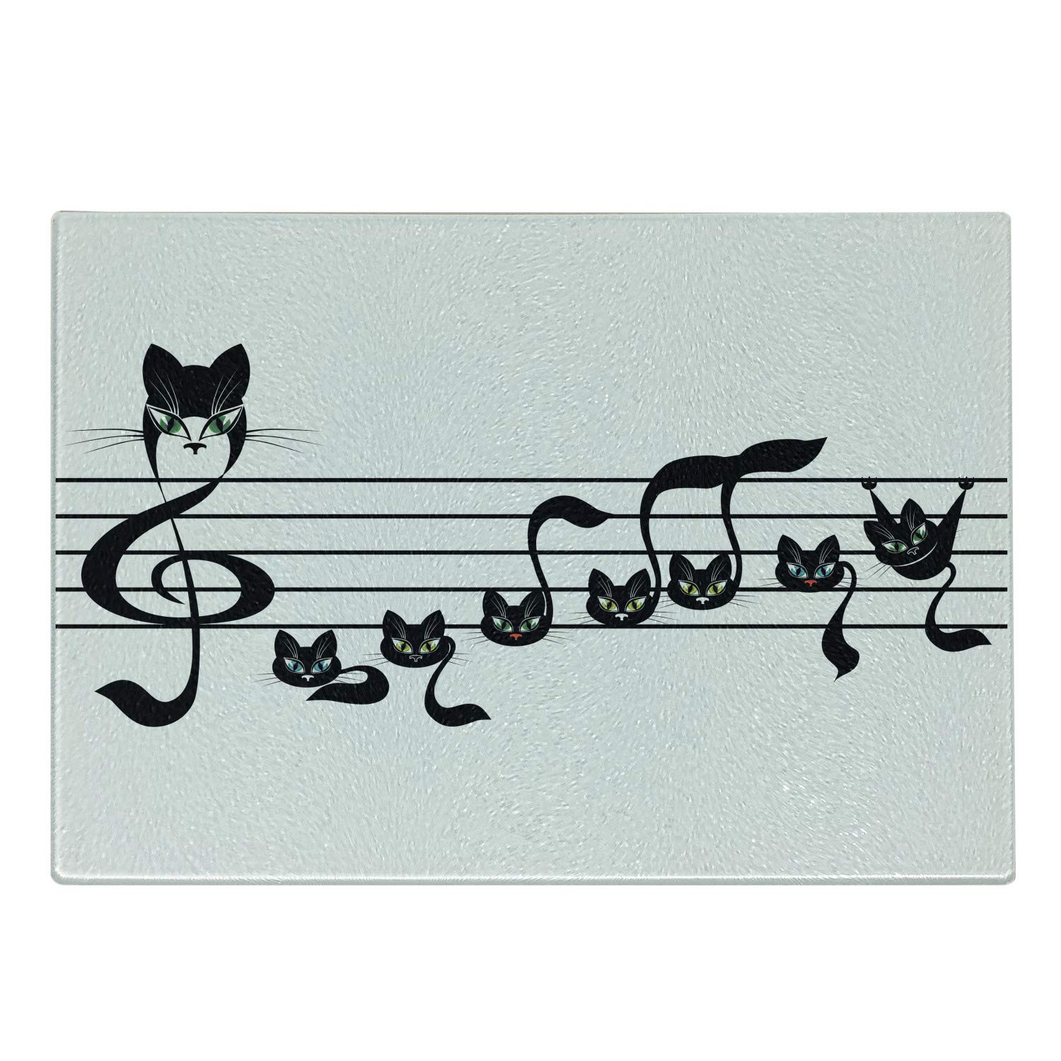 Lunarable Music Cutting Board, Notes Kittens Kitty Cat Art Notation Tune Halloween Monochrome, Decorative Tempered Glass Cutting and Serving Board, Small Size, Black White