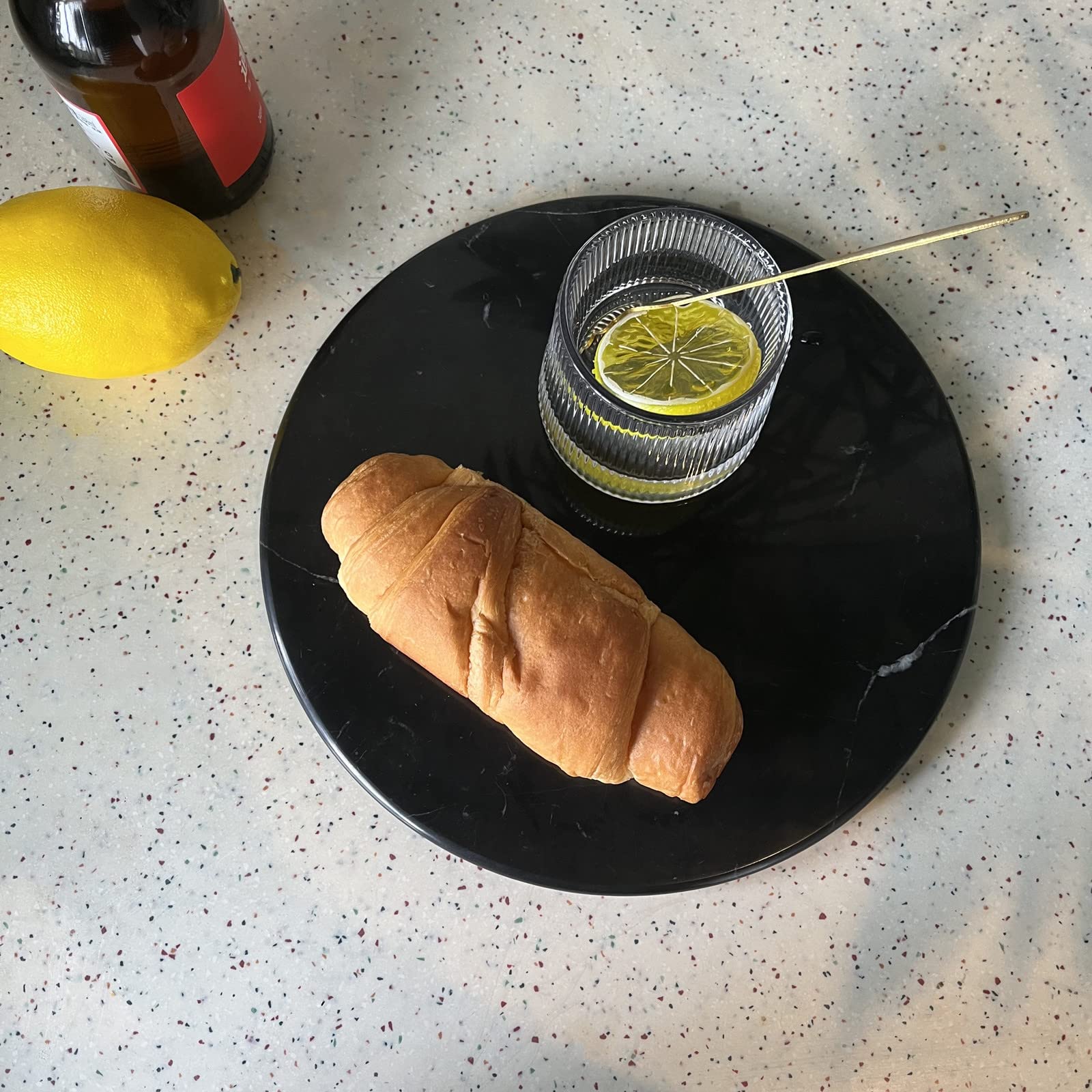 StonePlus Natural Round Marble Tray Glossy Pastry Board for Dessert, Cheese, Coffee, Appetizers (Black Marquina)