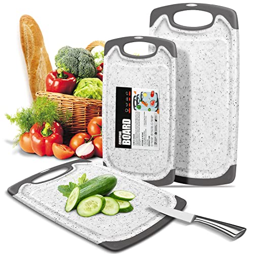 ZNM Cutting Board Set, Plastic Chopping Board with Juice Groove & Easy-Grip Handles, Set of 3 Cutting Boards for Kitchen, Dishwasher Safe - Multiple Sizes, Send Knife