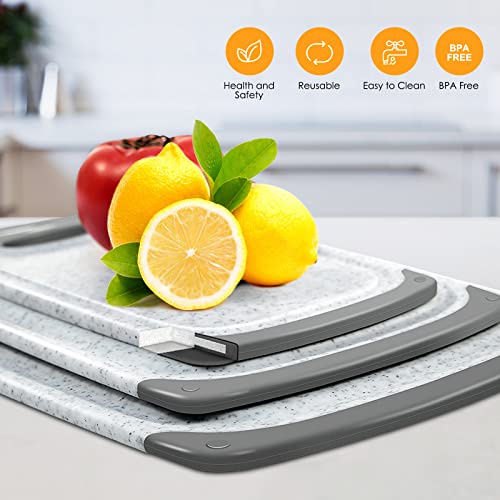 ZNM Cutting Board Set, Plastic Chopping Board with Juice Groove & Easy-Grip Handles, Set of 3 Cutting Boards for Kitchen, Dishwasher Safe - Multiple Sizes, Send Knife