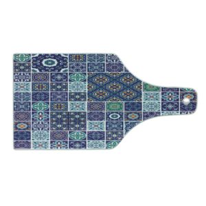 ambesonne ethnic cutting board, traditional mosaic azulejo portuguese cultural ceramic tiles folk design, decorative tempered glass cutting and serving board, wine bottle shape, navy blue