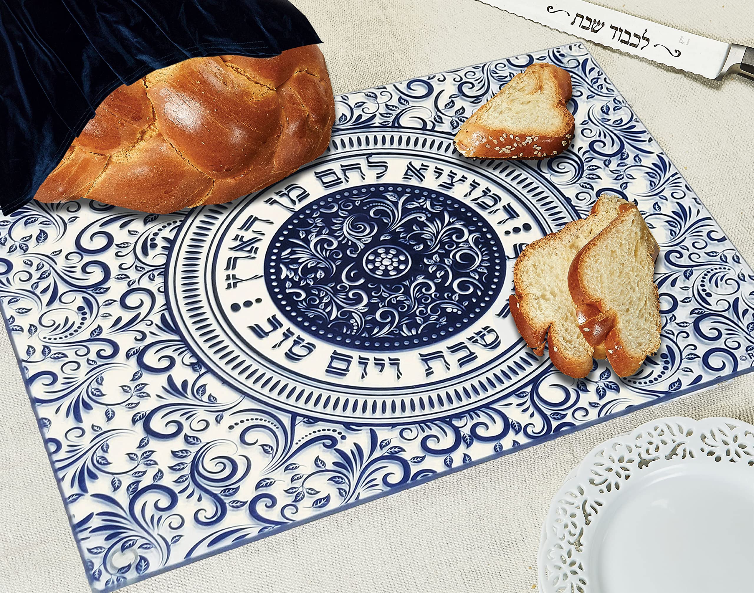 Rite Lite Glass Challah Board, Blue Damask Pattern Shabbat Challah Tray - Shabbat Gifts, Shabbat Blue Glass Challah Board 13" L