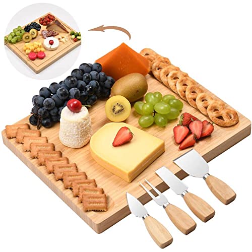 ROYAMY Bamboo Cheese Board Set Charcuterie Platter Bamboo Cutting Board with 4 Stainless Steel Knife Perfect Choice for Birthday Wedding Anniversary- Double Side