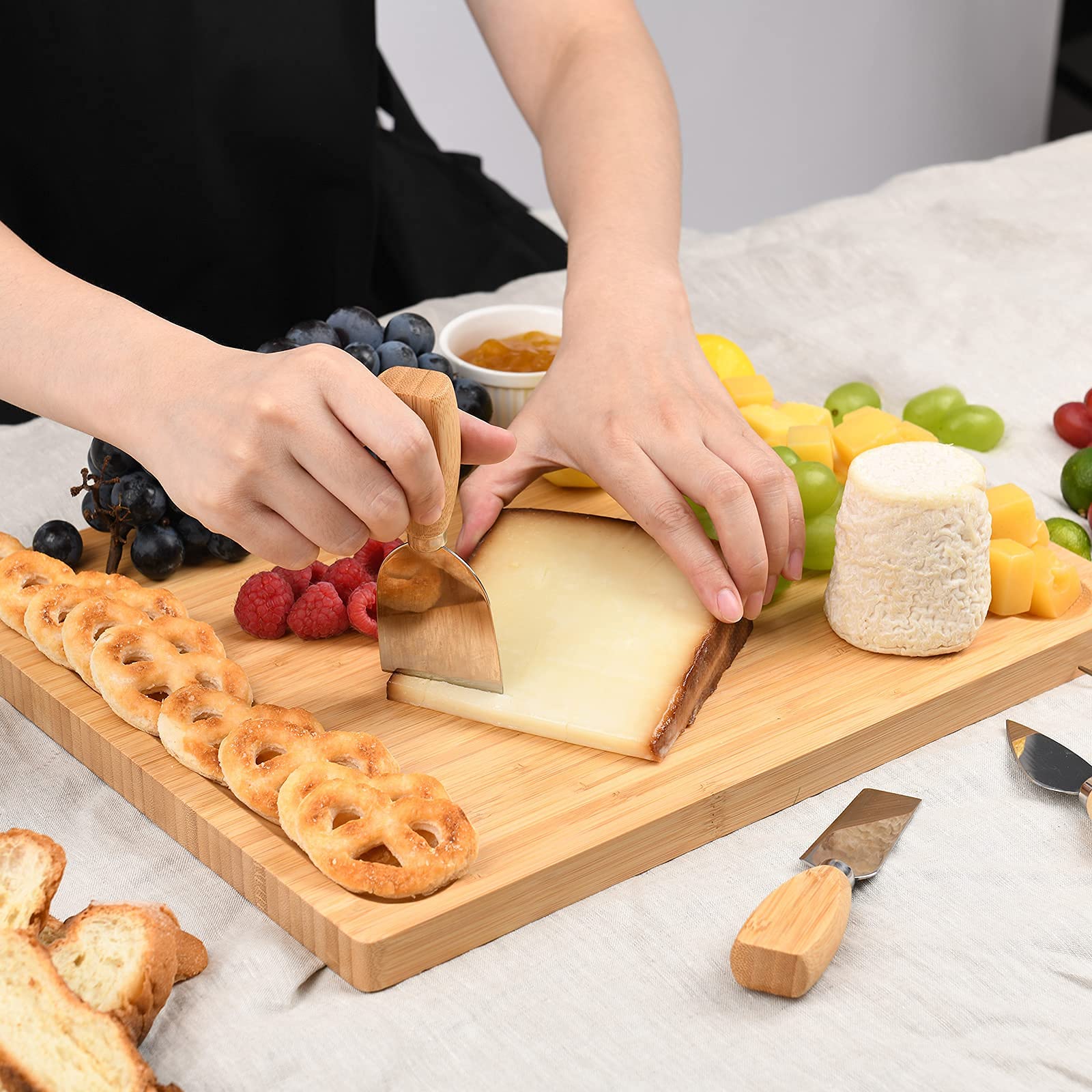 ROYAMY Bamboo Cheese Board Set Charcuterie Platter Bamboo Cutting Board with 4 Stainless Steel Knife Perfect Choice for Birthday Wedding Anniversary- Double Side