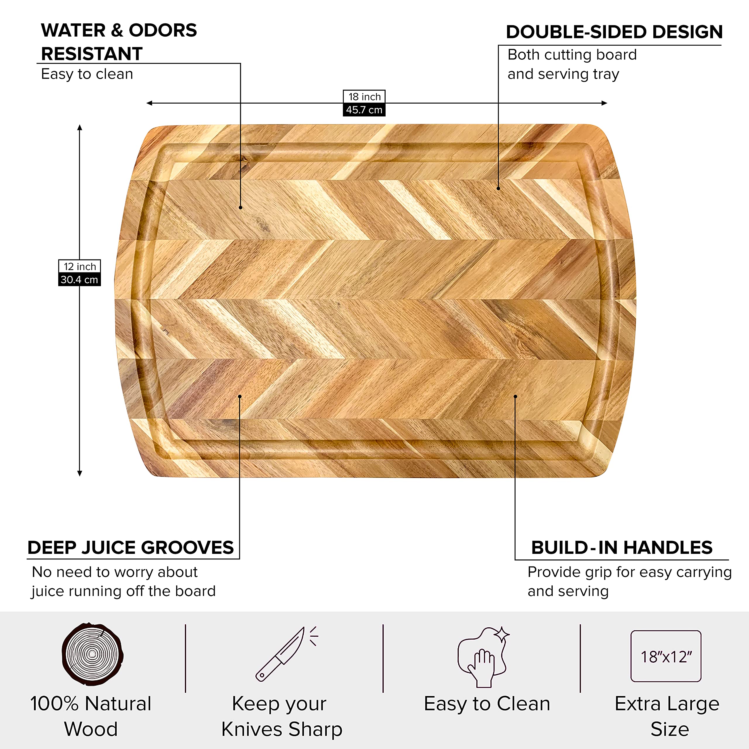 Lipper International Acacia Rect. Herringbone design Chopping board, side grooves, deep well, 18x12x1 Inches