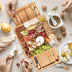 Large Charcuterie Board Set with 4x Cheese Knives, 2x Ceramic Bowls - 13x 13 Inch Bamboo Charcuterie Boards - Magnet Drawers - Bachelor Party Gift, Anniversary, Wedding Gifts for Couples - Wine It Now