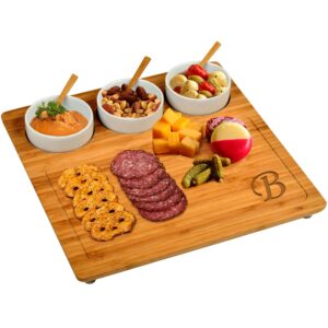 picnic at ascot original personalized monogrammed engraved bamboo cutting board for cheese & charcuterie with 3 ceramic bowls & bamboo spoons- designed & quality checked in the usa