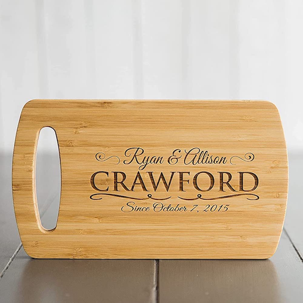 Personalized Wedding Gift for Couples - Engraved Bamboo Cutting Board - Engagement Gifts or Bride to Be Gifts - Mr & Mrs Gift (Mini Board with Easy Carry Handle, Crawford Design)