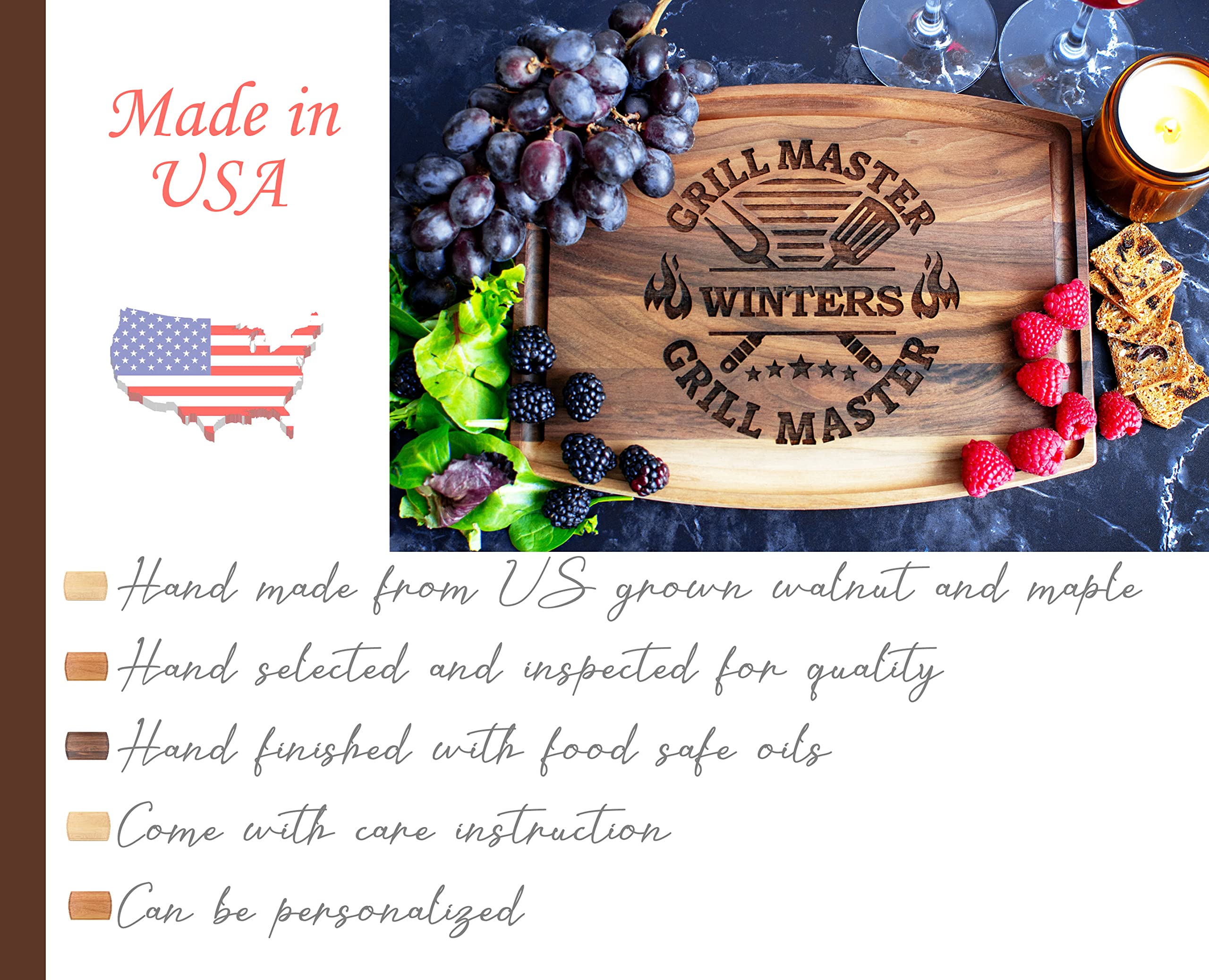 Personalized Grill Wood Cutting Board Handmade in USA – Best Serves as Chopping board, Charcuterie board, Cheese board – Unique Wooden Grilling Gift for men Birthday, Housewarming & Anniversary