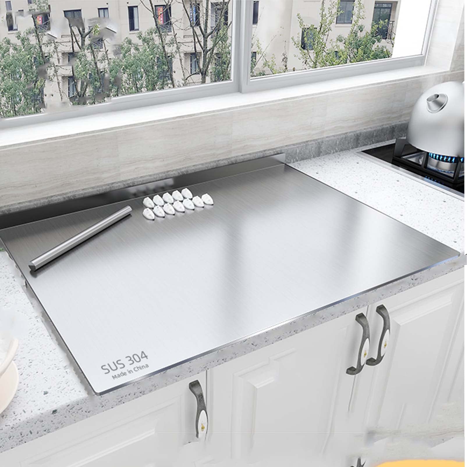 Kitchen Pastry Board Stainless Steel Chopping Board with Lip Double Sided Chopping Board Easy To Clean Non-Slip 'L' Shape for cutting cheese,slicing pizza (23.6 * 23.6in(60 * 60cm),Thick:2mm)