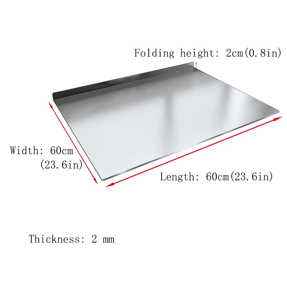 Kitchen Pastry Board Stainless Steel Chopping Board with Lip Double Sided Chopping Board Easy To Clean Non-Slip 'L' Shape for cutting cheese,slicing pizza (23.6 * 23.6in(60 * 60cm),Thick:2mm)