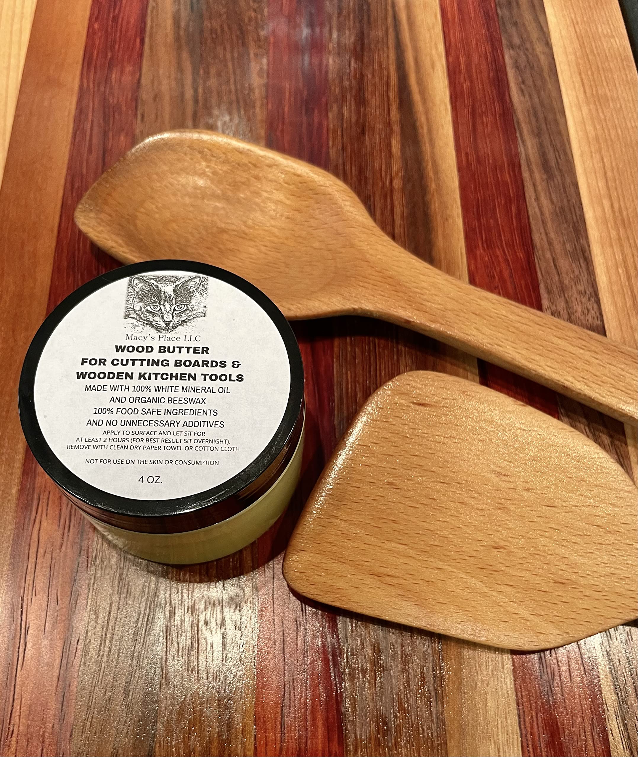 Wood Butter Cutting Board Wax Conditioner for Cutting Boards and Wooden Kitchen Tools 4 oz. Food Grade Protective Mineral Oil Beeswax for Wooden Cutting Boards, Surfaces, and Tools.