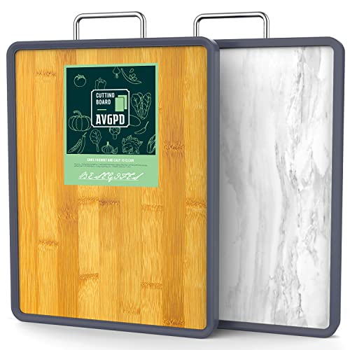 Double Sided Cutting Boards for Kitchen - Large Bamboo and Plastic Cutting Board, Dishwasher Safe Chopping Board, Reversible used for Meat, Veggies, Fruits, Easy Grip Handle, Non-Slip (BPA FREE)