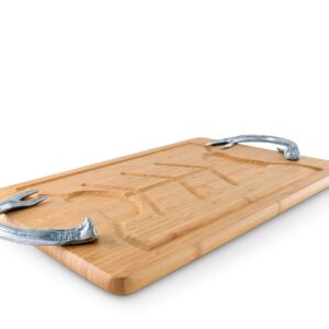 Arthur Court Aluminum Metal Antler Handle on Wood Carving/Cheese Board Large Tray for Serving Meats or Appetizer 23.5 inch Long x 13 inch Wide