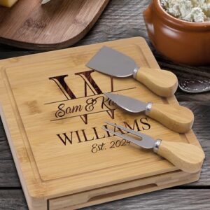 customized cheese cutting board and serving tray and knife tools set - custom personalized for couples, weddings, housewarming, anniversary