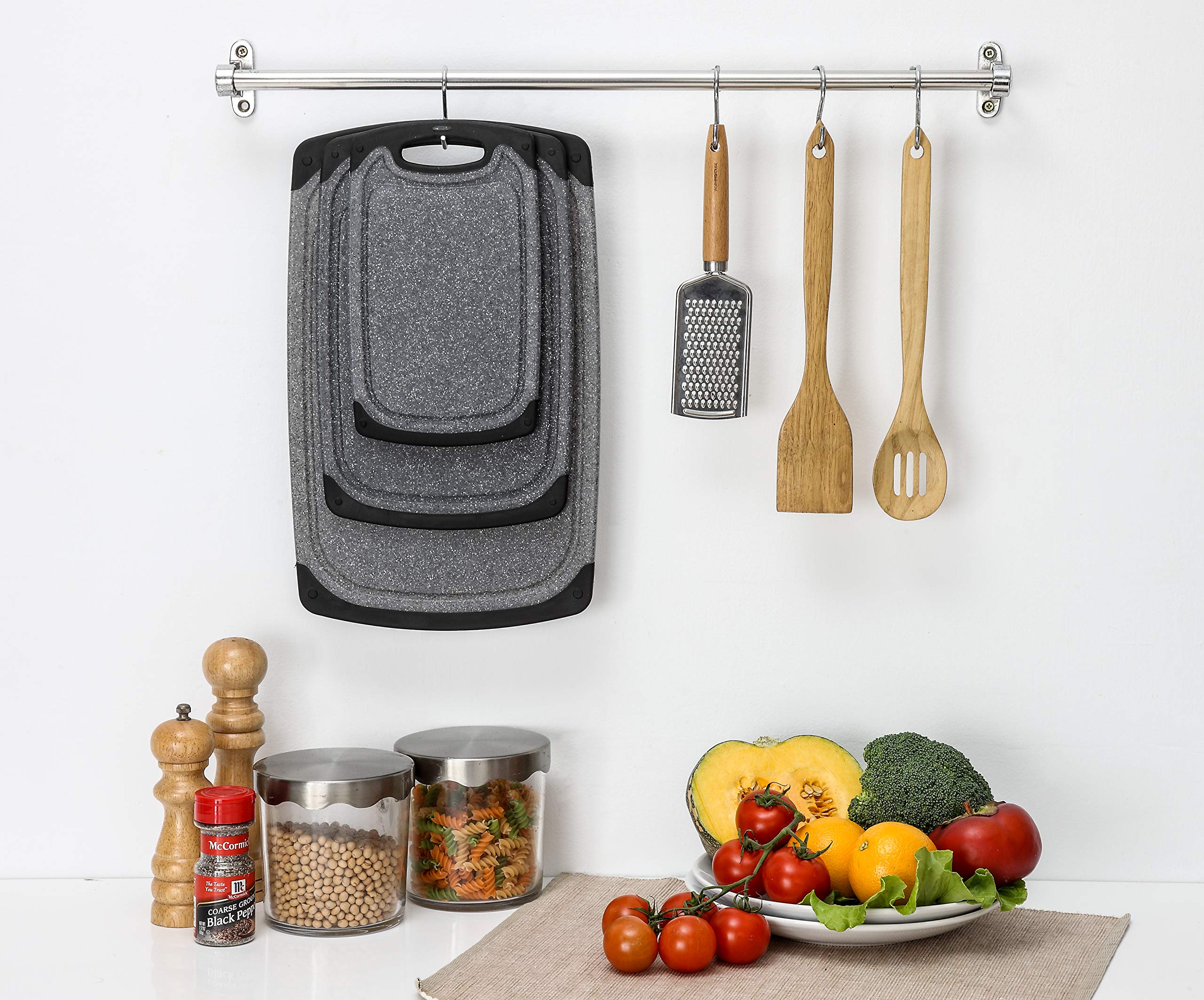 Home & Kitchen Essentials 3-Piece Cutting Board Set. Reversible, Marble Granite Gray, BPA Free, Dishwasher Safe, Easy-Grip Handle and Non-Porous with Juice Grooves