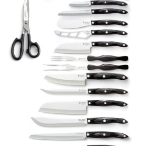 CUTCO Model 6014 Santoku Signature Set with Steak Knives............23 High Carbon Stainless knives & forks (including 10 #2159 Steak Knives) with Classic Dark Brown handles (often called "Black") in factory-sealed plastic bags...........#1652 Honey Oak k