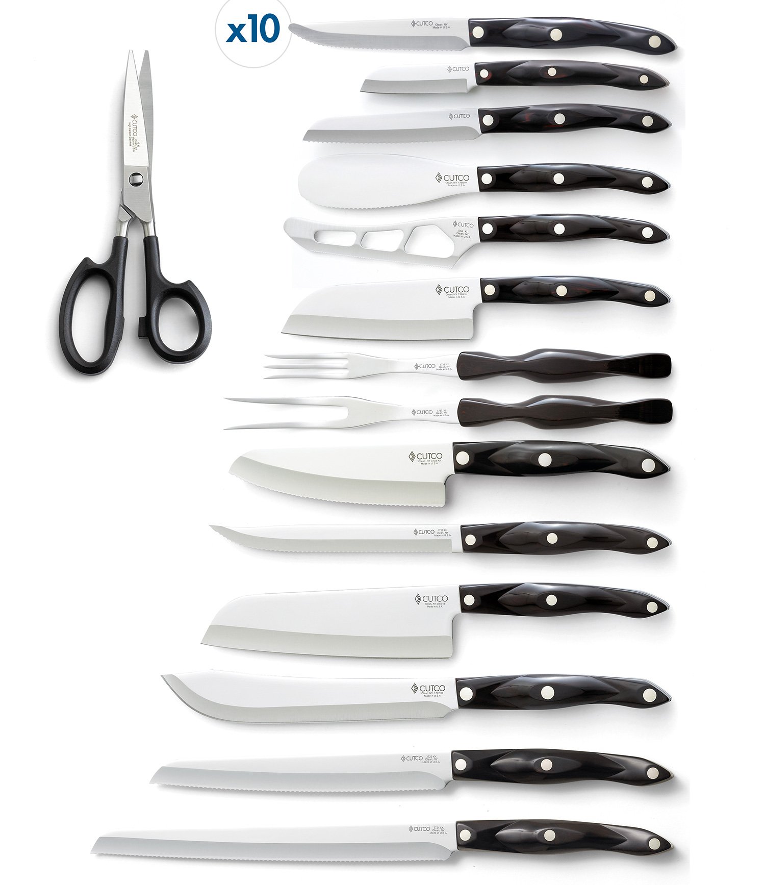 CUTCO Model 6014 Santoku Signature Set with Steak Knives............23 High Carbon Stainless knives & forks (including 10 #2159 Steak Knives) with Classic Dark Brown handles (often called "Black") in factory-sealed plastic bags...........#1652 Honey Oak k