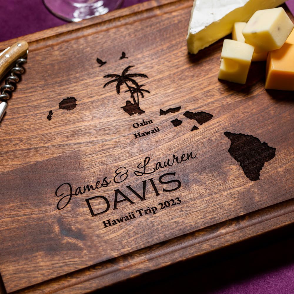 Straga Personalized Cutting Boards | Handmade Wood Engraved Charcuterie | Custom Wedding, Anniversary, Eloping Gift for Couples, Destination Wedding (Hawaiian Islands Design No.807)