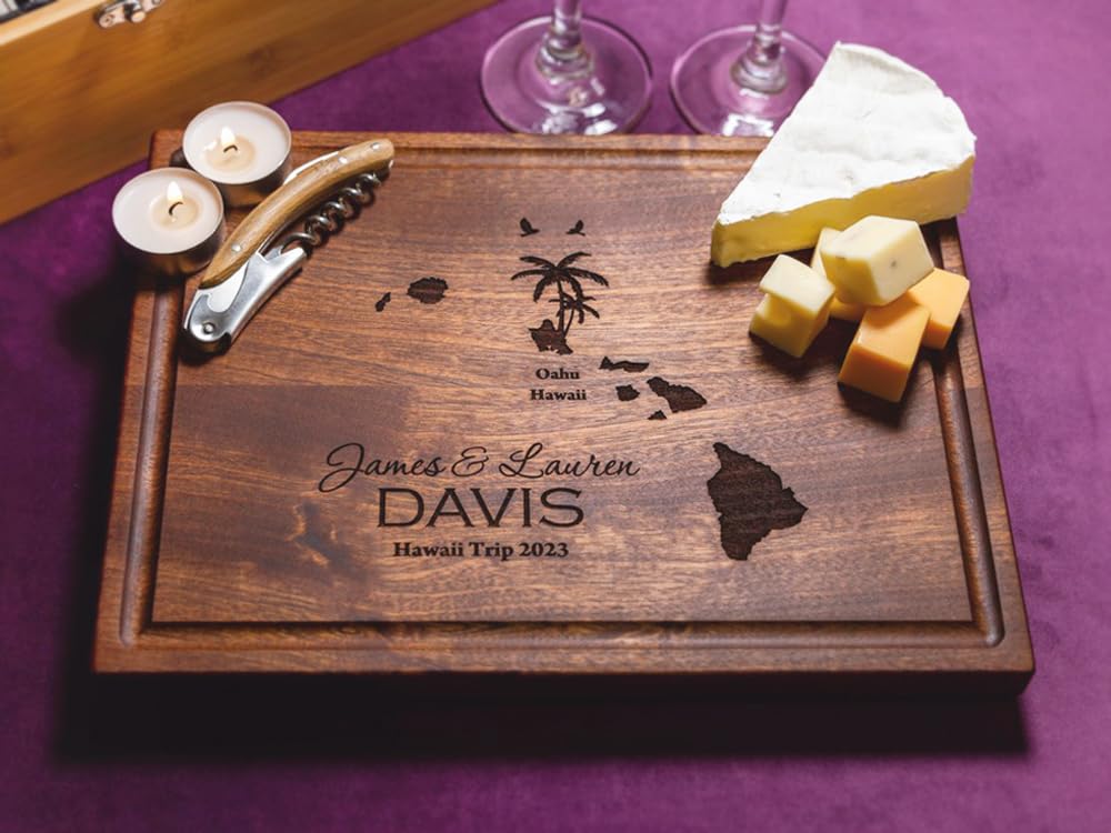 Straga Personalized Cutting Boards | Handmade Wood Engraved Charcuterie | Custom Wedding, Anniversary, Eloping Gift for Couples, Destination Wedding (Hawaiian Islands Design No.807)