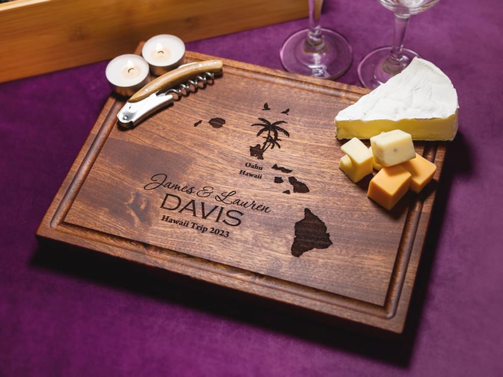 Straga Personalized Cutting Boards | Handmade Wood Engraved Charcuterie | Custom Wedding, Anniversary, Eloping Gift for Couples, Destination Wedding (Hawaiian Islands Design No.807)