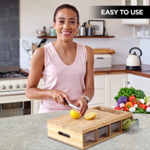 Bamboo Cutting Board With Containers - Meal prep station of 4 - Graters & 6 Bowl Lids, Trays, Splash - Multifunctional board by TOASTMARK