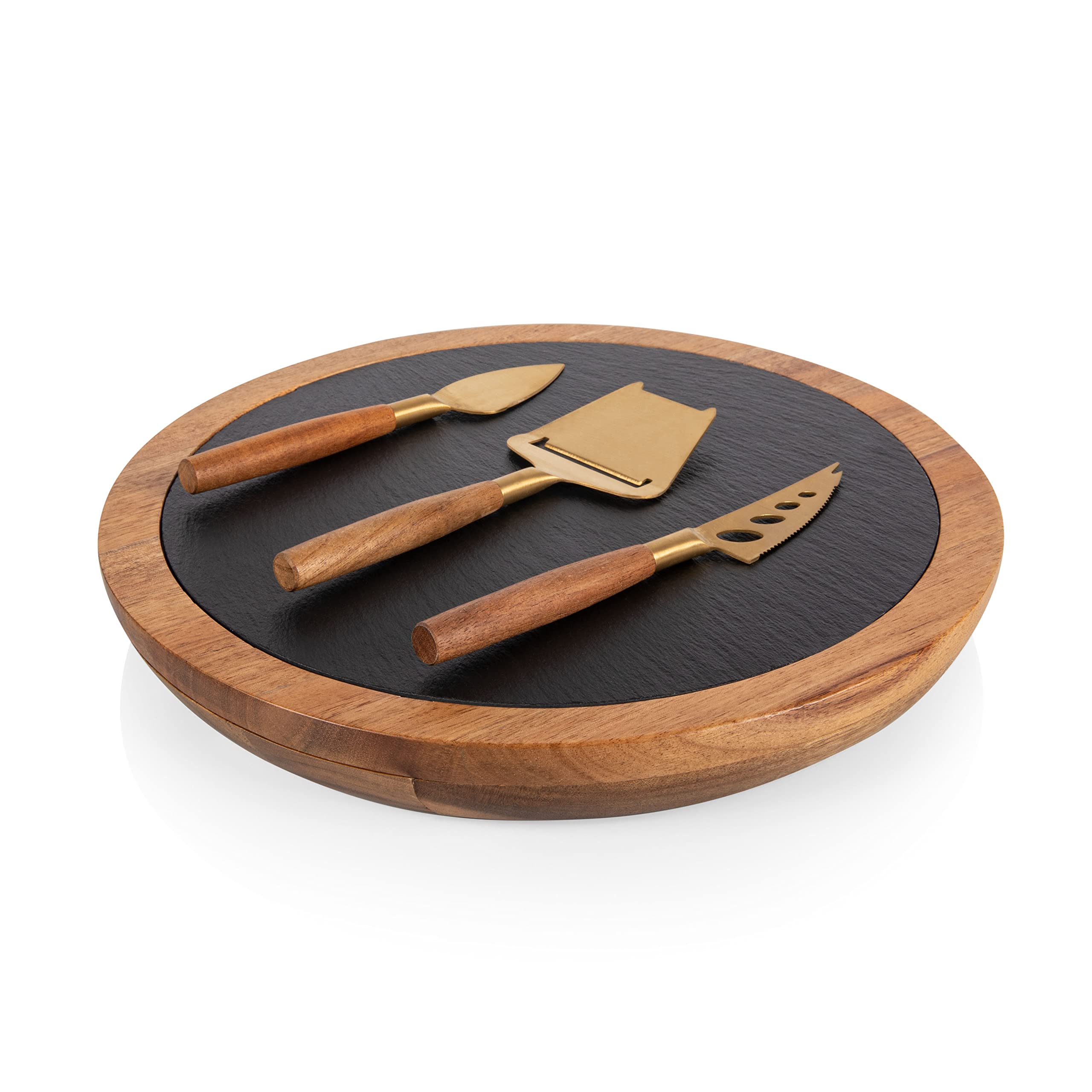 PICNIC TIME TOSCANA -Insignia Slate Serving Board with Cheese Tools, Charcuterie and Wood Cutting Set, (Acacia Wood & Slate Black with Gold Accents), Large