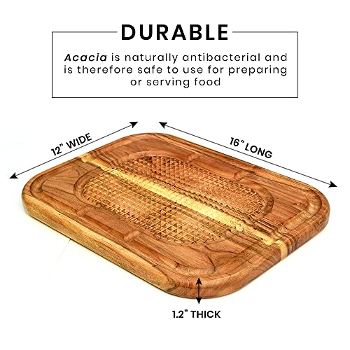 Large Acacia Wood Cutting Board for Kitchen, carved design Board - Juice Groove, Reversible Butcher Block - Meat and Veggies, decorative serving tray (Carving Cutting Board)