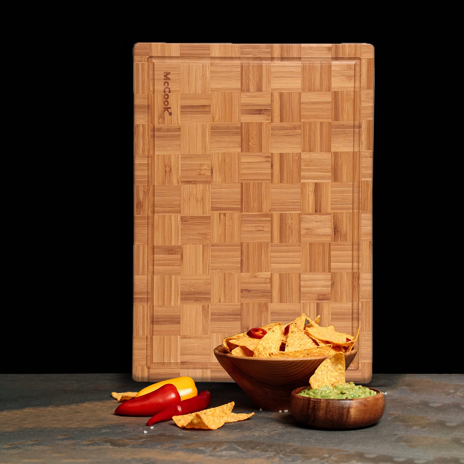 Cutting Board, McCook® MCW12 Bamboo Cutting Board, Wood Cutting Board for Meat, Cheese and Vegetables w Juice Groove, End Grain Cutting Board, Cheese Charcuterie Board Serving Tray(L, 17”*12”*1”)