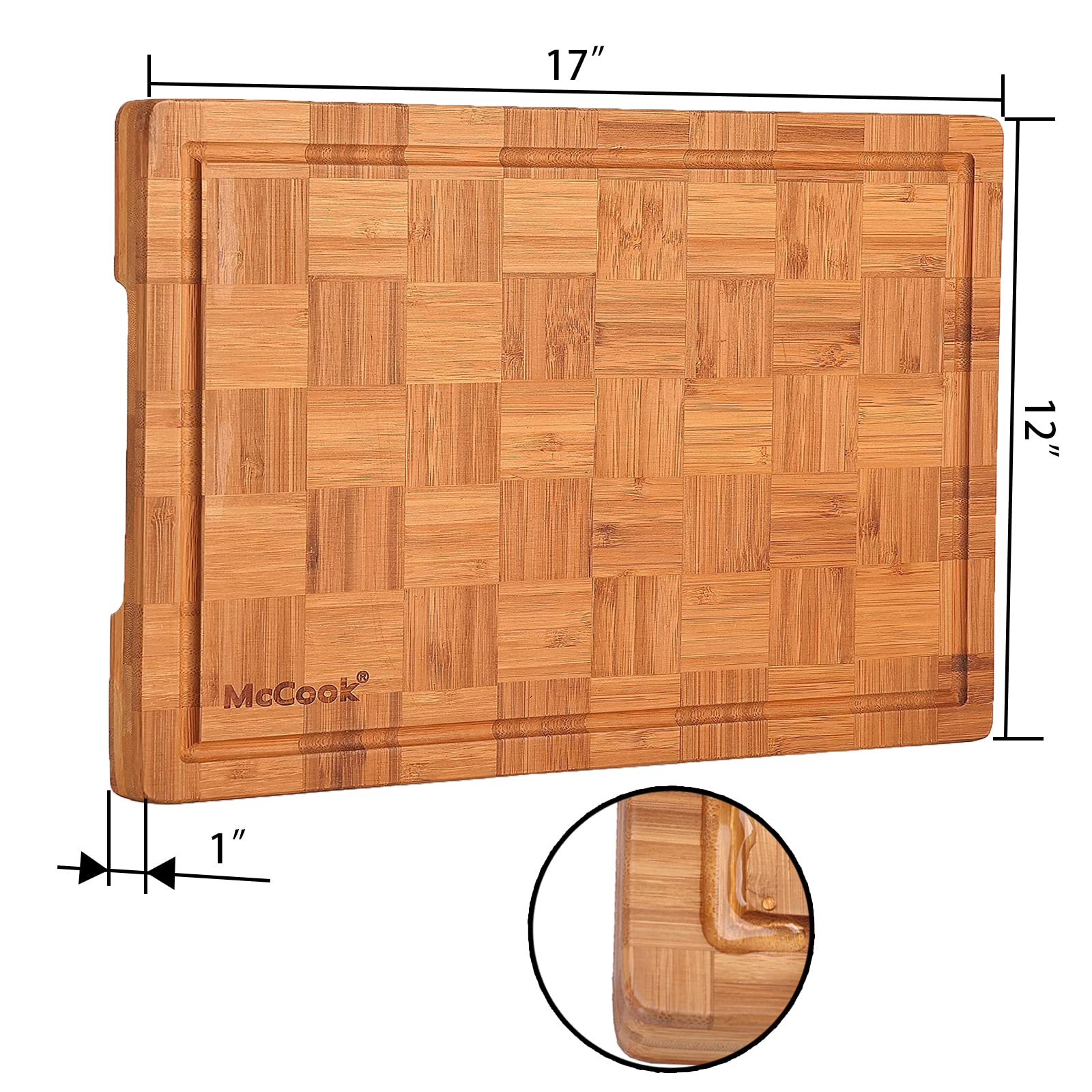 Cutting Board, McCook® MCW12 Bamboo Cutting Board, Wood Cutting Board for Meat, Cheese and Vegetables w Juice Groove, End Grain Cutting Board, Cheese Charcuterie Board Serving Tray(L, 17”*12”*1”)