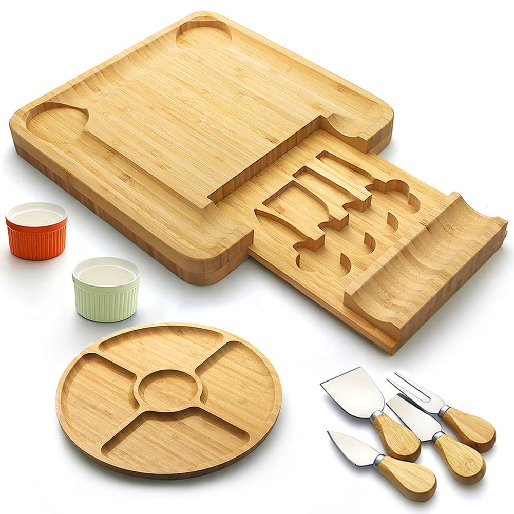 Cheese Board Set,YFWOOD 13 inch Bamboo Charcuterie Boards and Knife Set,Cheese Plate Includes Additional Round Fruit Serving Plate,Meat and Cheese Tray for Housewarming Gift Wedding Gifts