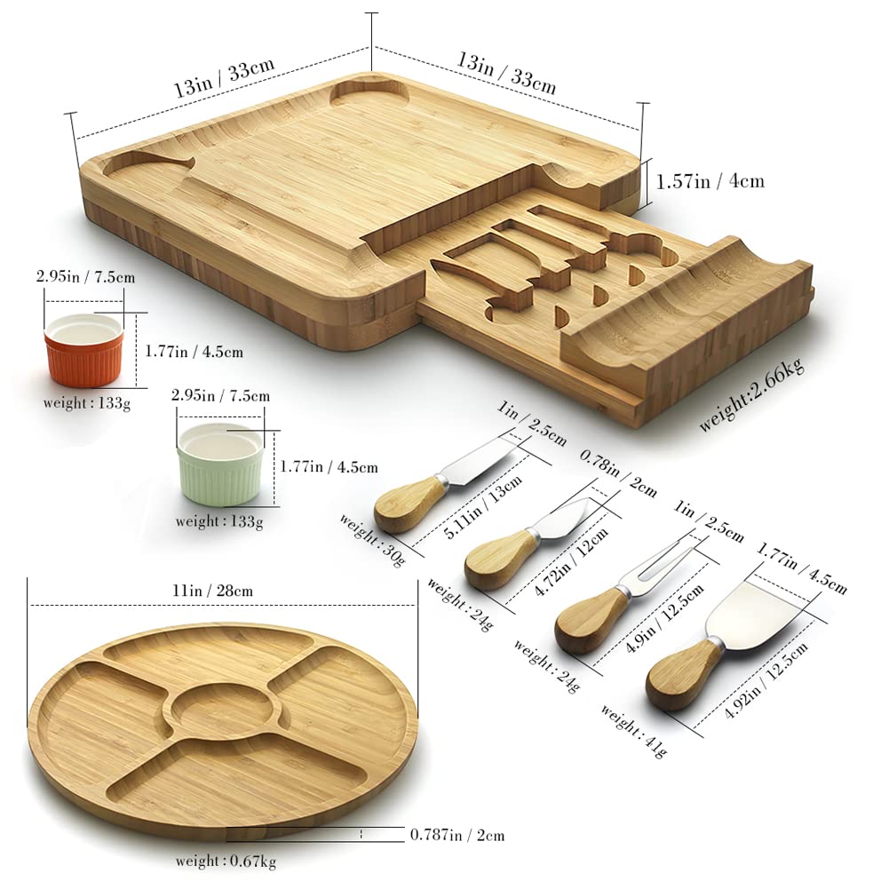 Cheese Board Set,YFWOOD 13 inch Bamboo Charcuterie Boards and Knife Set,Cheese Plate Includes Additional Round Fruit Serving Plate,Meat and Cheese Tray for Housewarming Gift Wedding Gifts