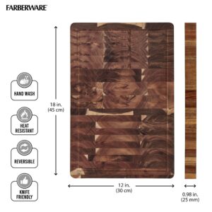 Farberware Thick End Grain Acacia Cutting Board with Juice Groove and Finger Grips, 12x18 Inch